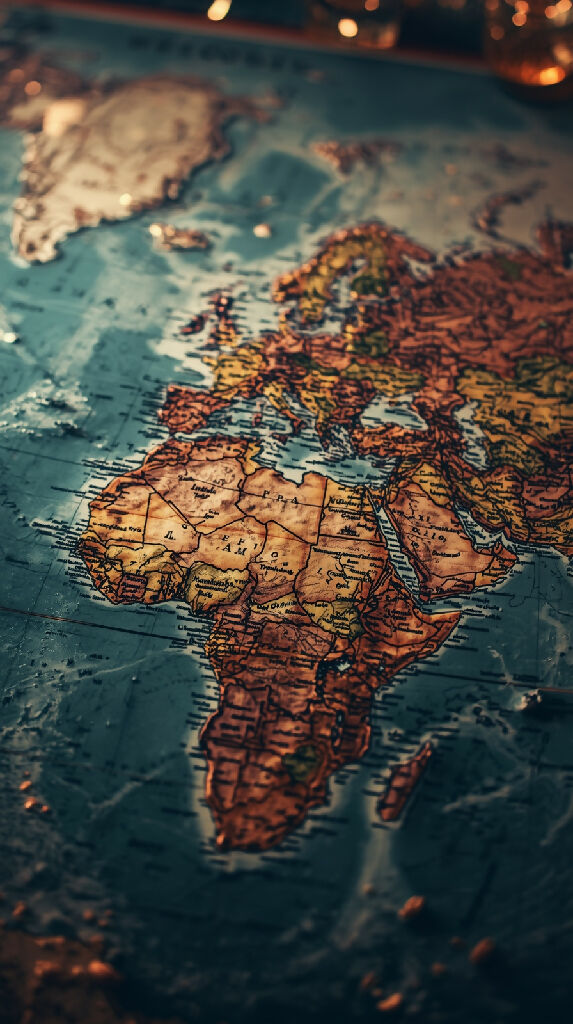 a surreal and vibrant cinematic photo of a vintage world map with i...
