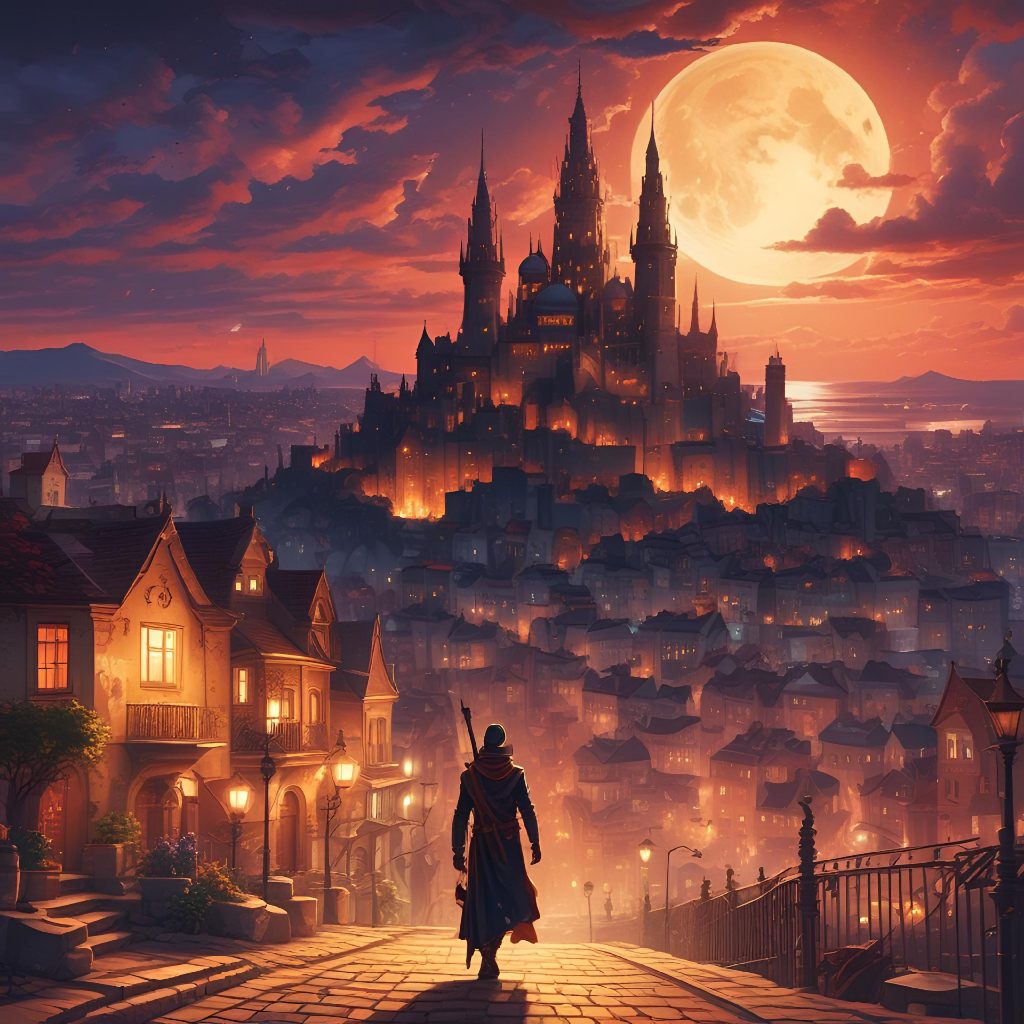 Fantasy Art, Epic Cityscape, Moonlit Adventure