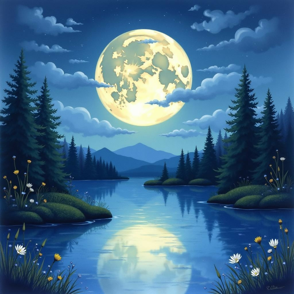 Moonlit Pond Tranquility | Dreamy Watercolor Painting of a Moonlit ...