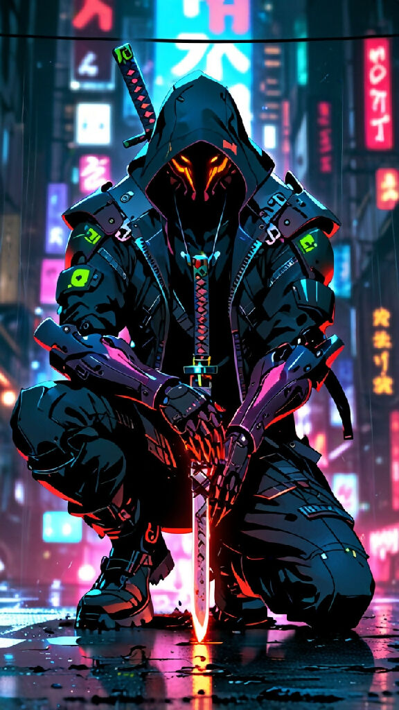 A green and black demon sitting on the ground with one sword in front