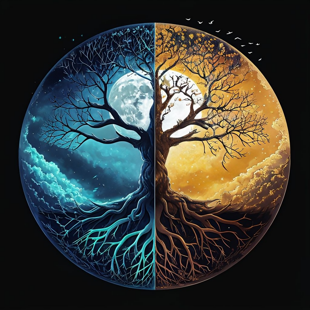 Cosmic Balance Of Day and Night, Celestial Roots, Yin Yang Tree