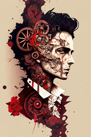 Steampunk mechanized man made of clockwork gears and springs portra...