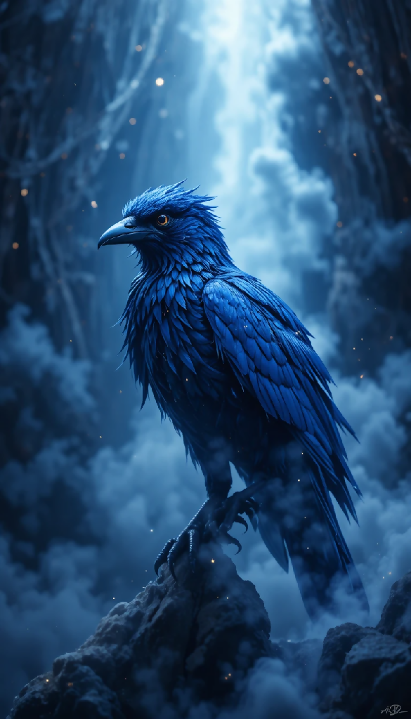 Blue-Feathered Sentinel – Fantasy Crow Art Print | Mystical Blue Bird