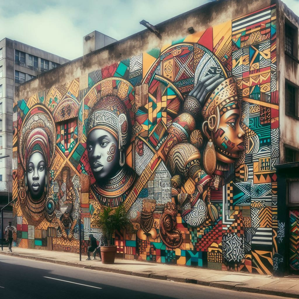 Urban Scene with Graffiti Walls Showcasing African Patterns.