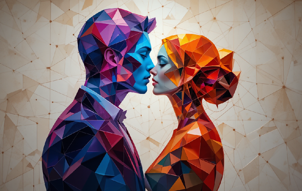 Geometric Abstract Living Room Decor, Abstract Couple Embrace Artwork