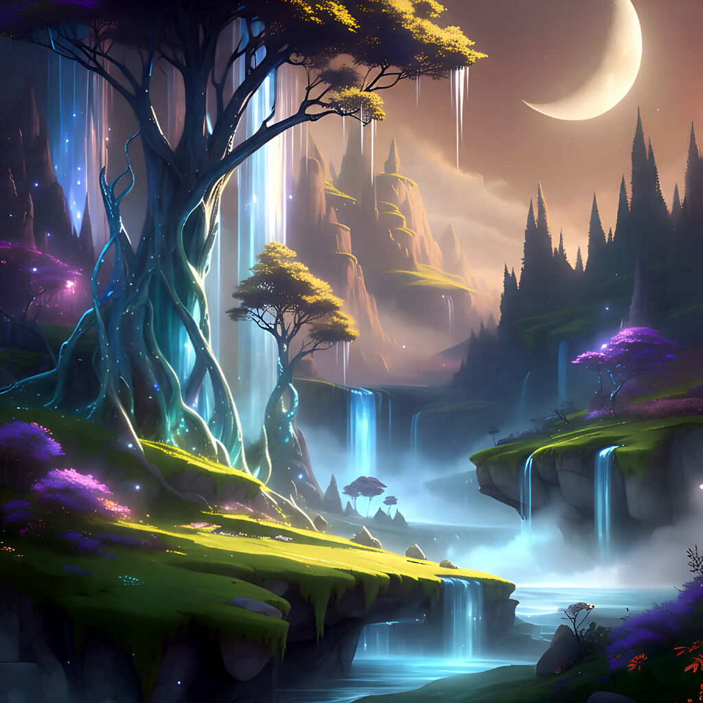 Moonlit Cascade – Surreal Landscape AI Art Featuring Glowing Trees ...
