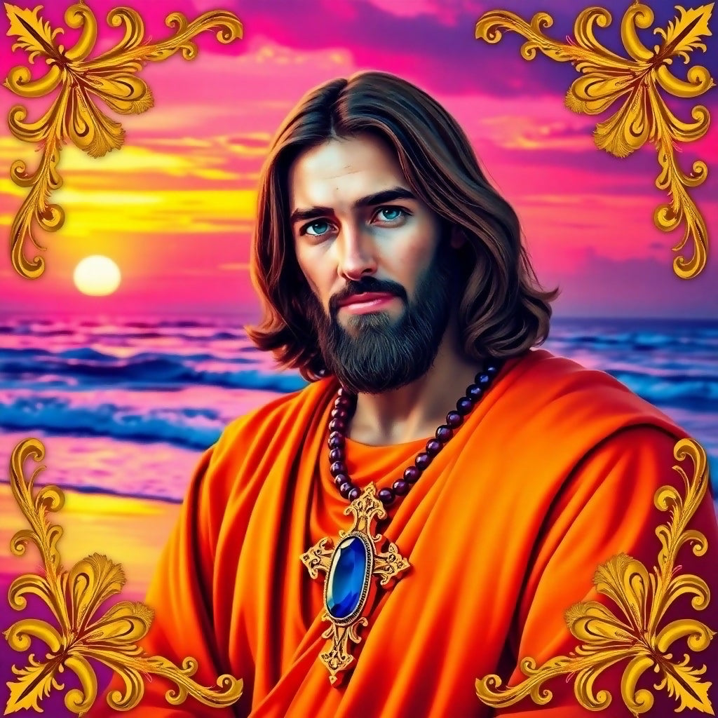 Divine Serenity: Jesus Christ at Sunset Amidst Vibrant Splendor