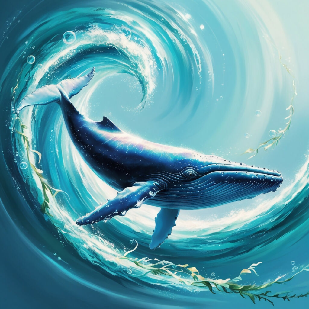 Majestic Blue Whale, Vibrant Digital Art, Turquoise and Aquamarine,...