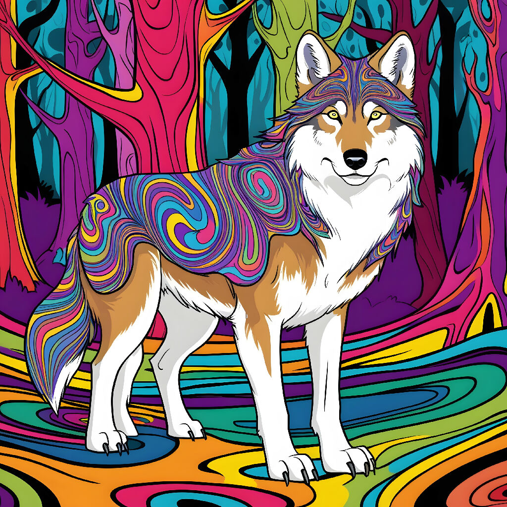 Psychedelic Wolf in a Trippy Forest