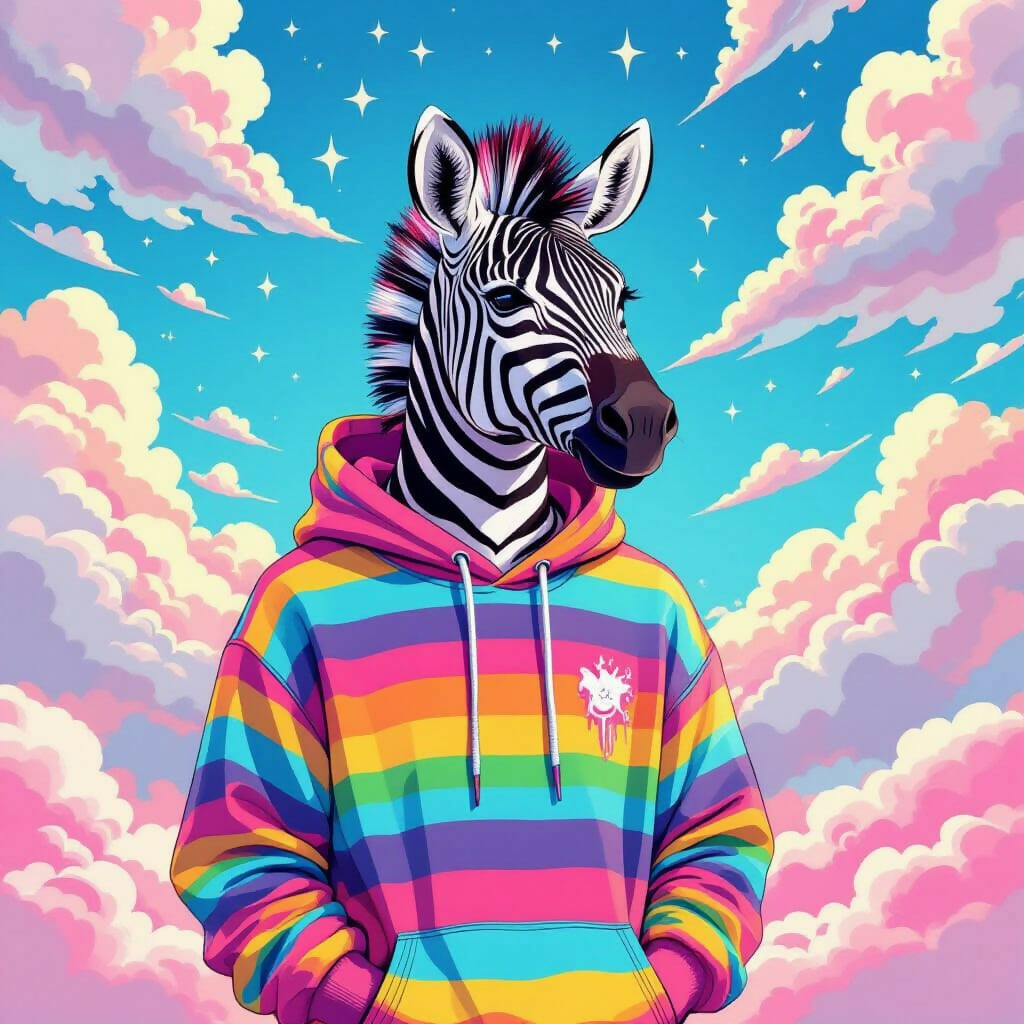 A zebra with abstract, dripping rainbow
