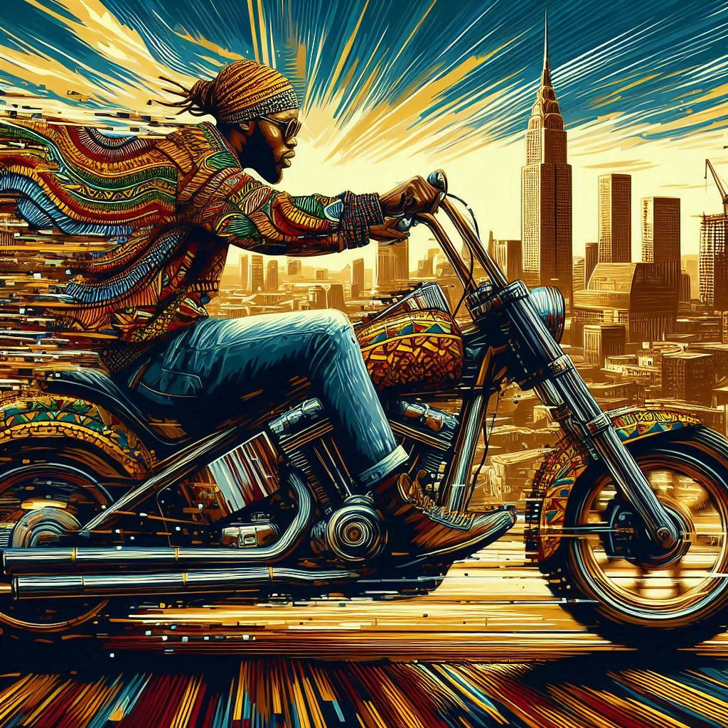 This artwork features a biker clad in bold African-print attire, sp...