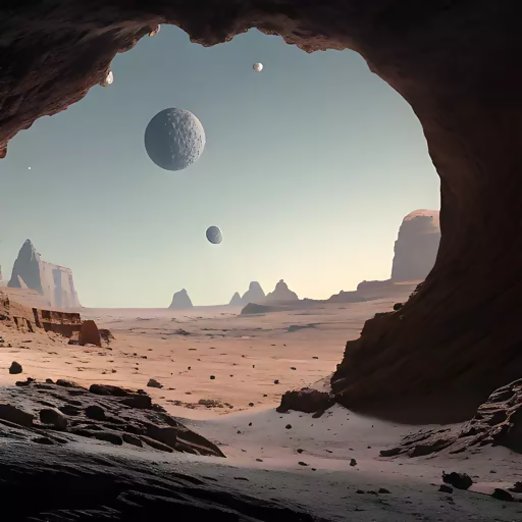 barren sterile moon with a cave in the background with some barely vis