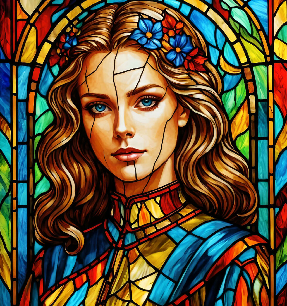 Stained Glass Portrait of a Warrior Woman: Vibrant Beauty and Stren...