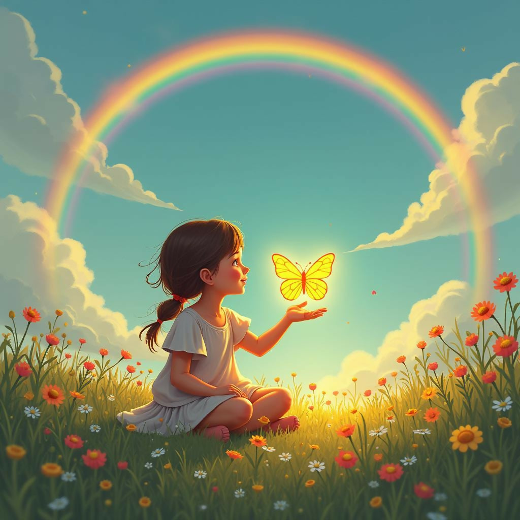 Rainbow Meadow Glow Art Print - Whimsical and Serene Floral Artwork
