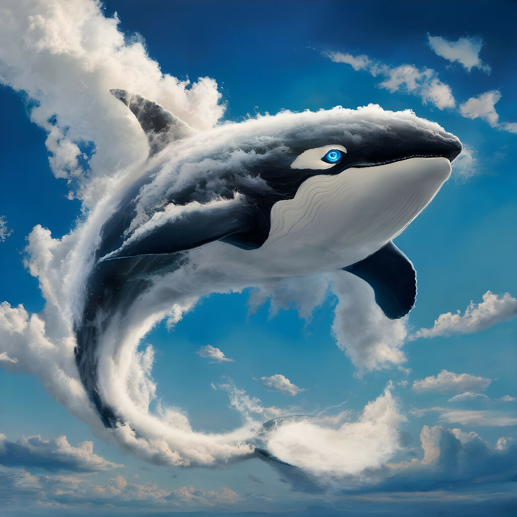 flying, whale, orca, animal, aquatic, sky, blue, surreal, realistic