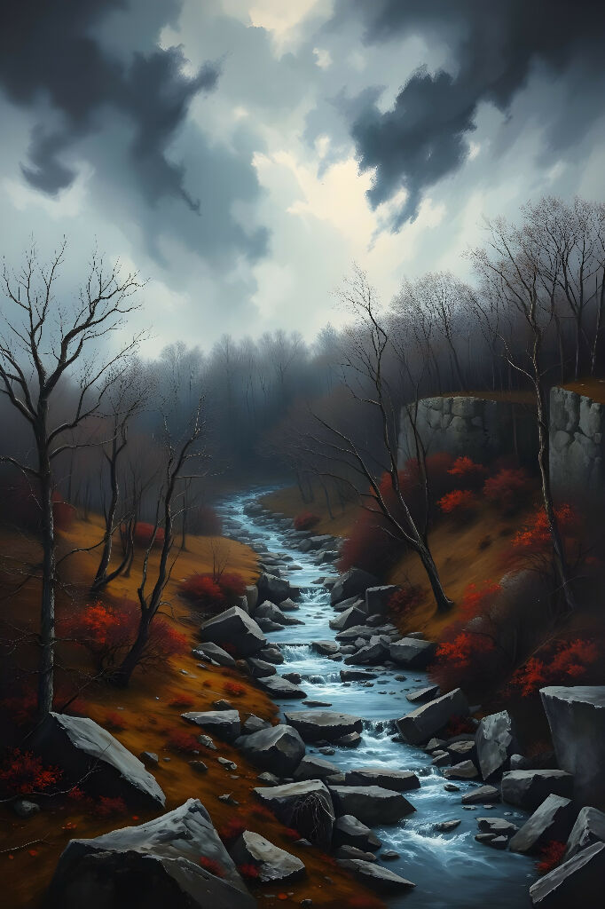 Moody Autumn Stream | AI Art Print
