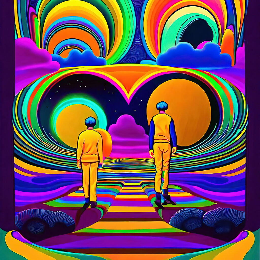 This colorful image depicts two people walking towards a rainbow tu...