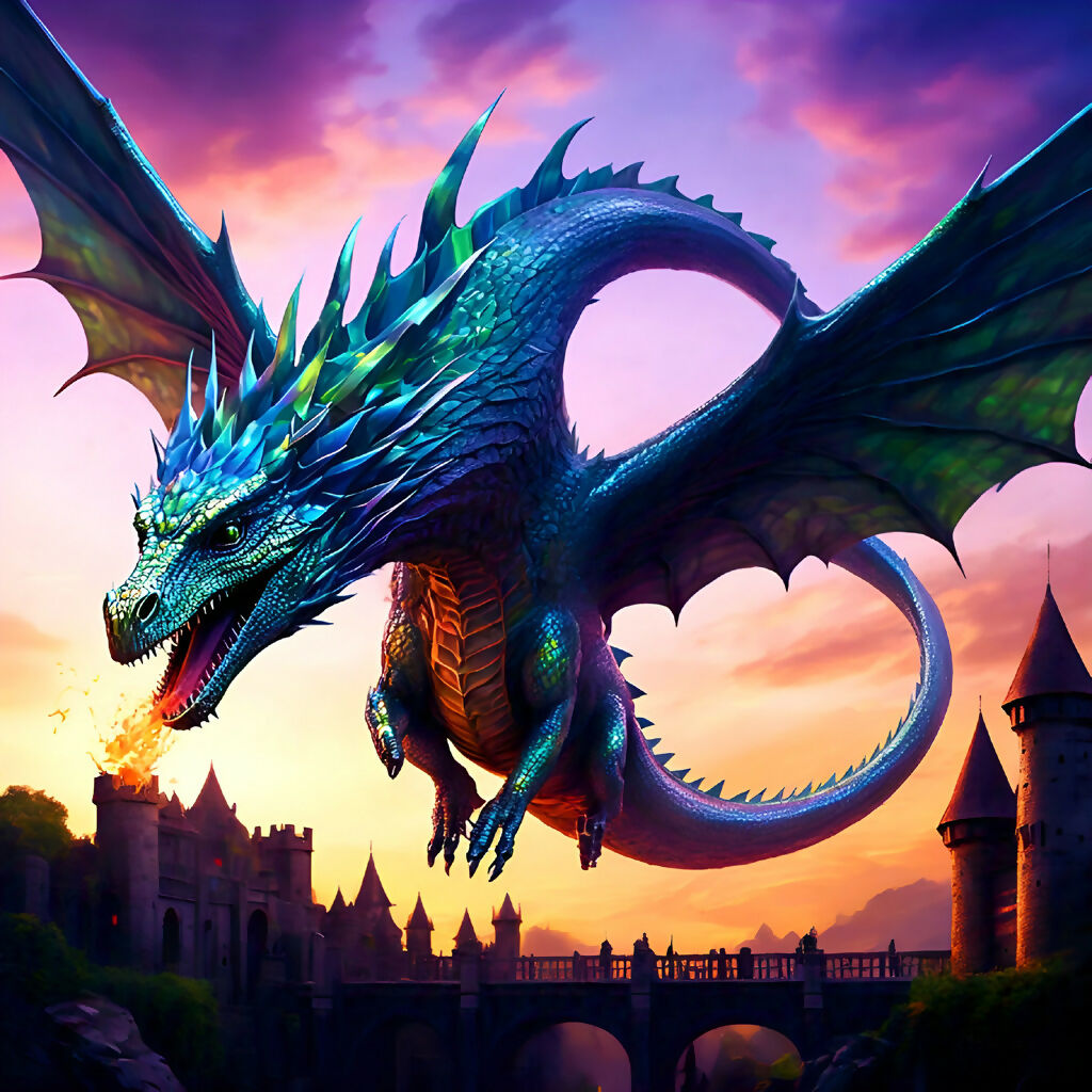Sky Sovereign Dragon Over Castle – Fantasy Landscape AI Art for Wal...