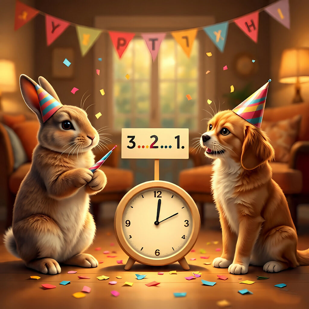 Happy Countdown Companions – Festive Animal AI Art with Bunny and P...