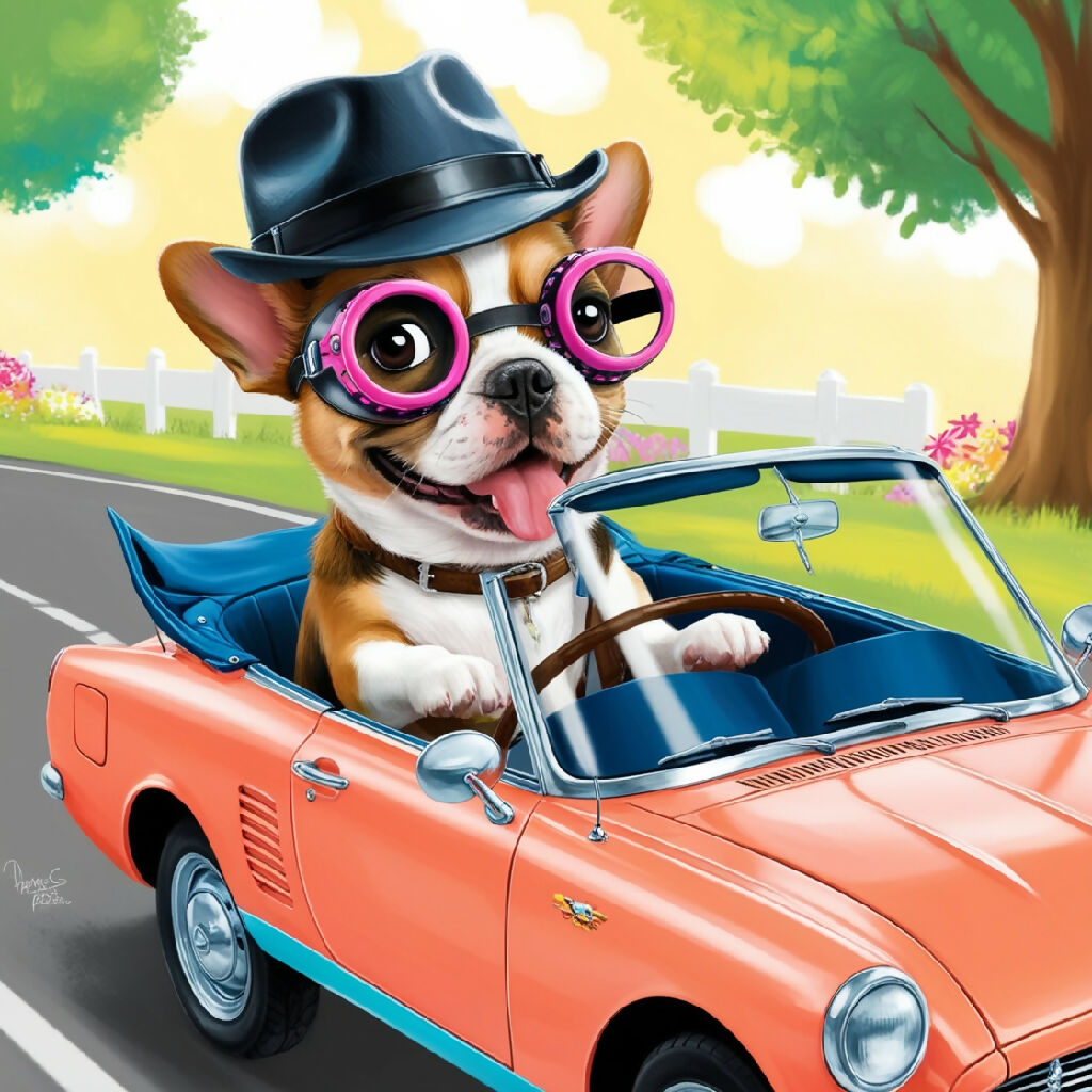 Whimsical Dog Driving Vintage Car - Adorable Canine Adventure Art