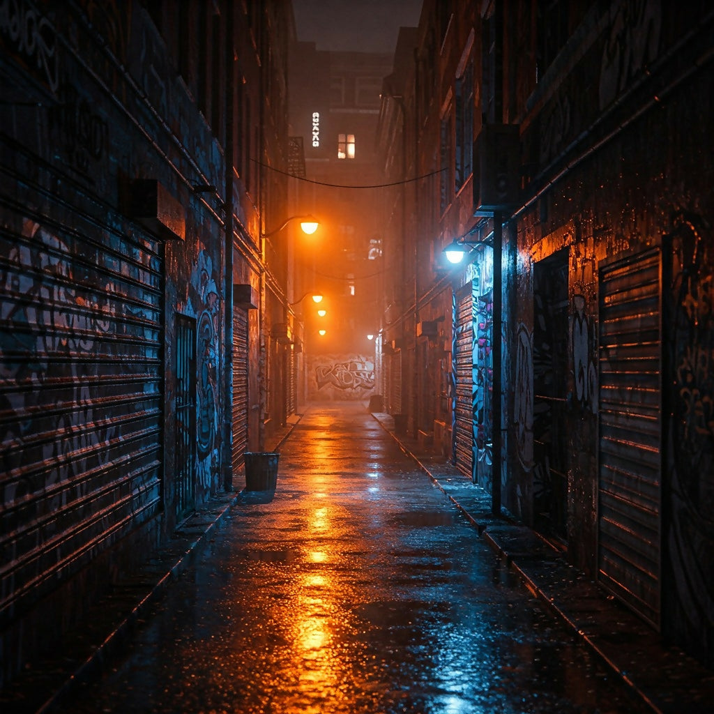 Narrow Rain Alley at Night: Urban Scene