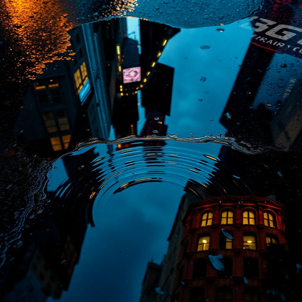 Urban Night Reflection in Rain Puddle with City Lights