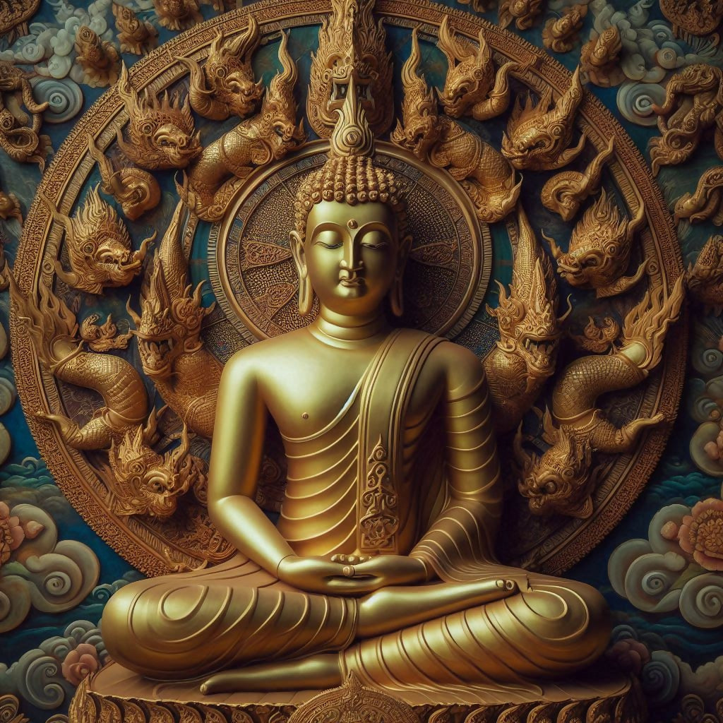 "Golden Buddha Enlightenment with Divine Serpent Guardians – S...