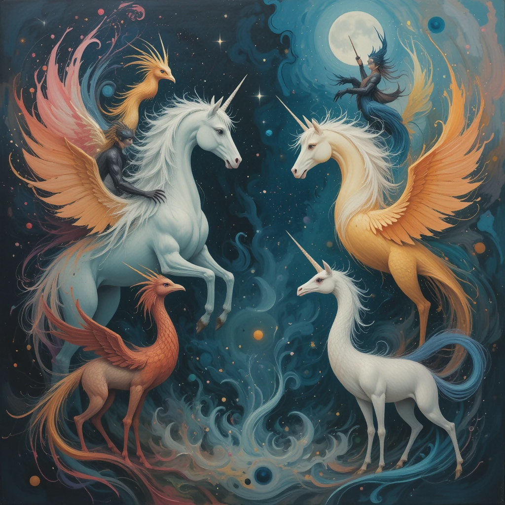 Brush strokes of Fantasy: Unicorns, Phoenixes, and Dragons