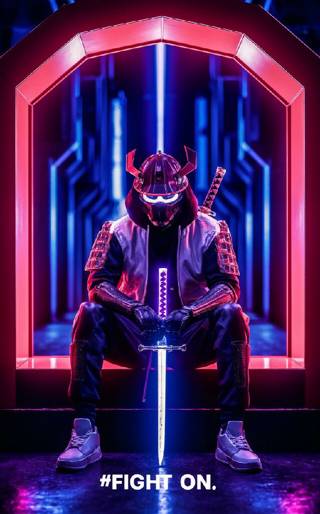 Cyberpunk, neon, samurai, futuristic warrior, digital art, sci-fi,