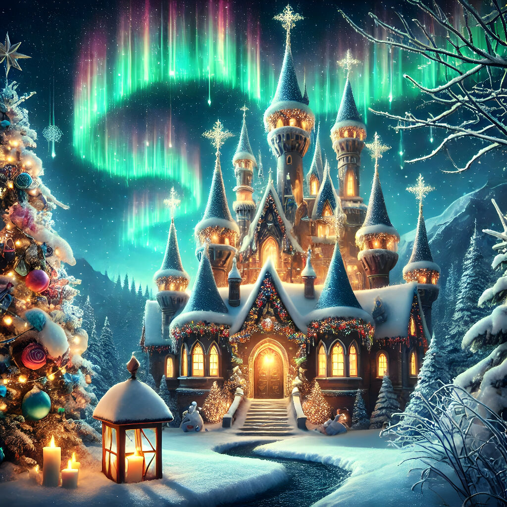 Magical Christmas Castle with Northern Lights Digital Artwork, Chri...