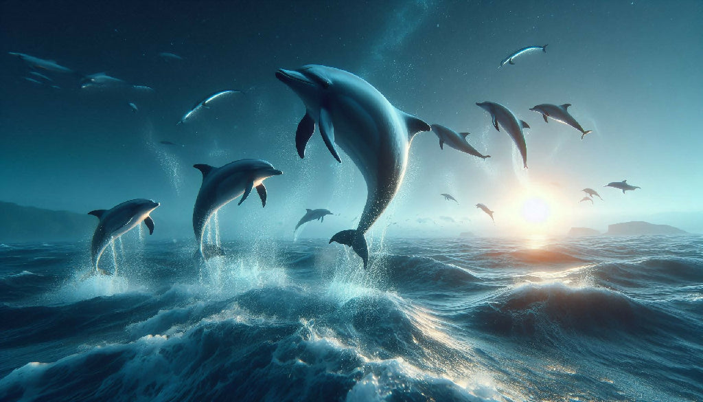 Close-up 3D render of dolphins diving in sea No. 1