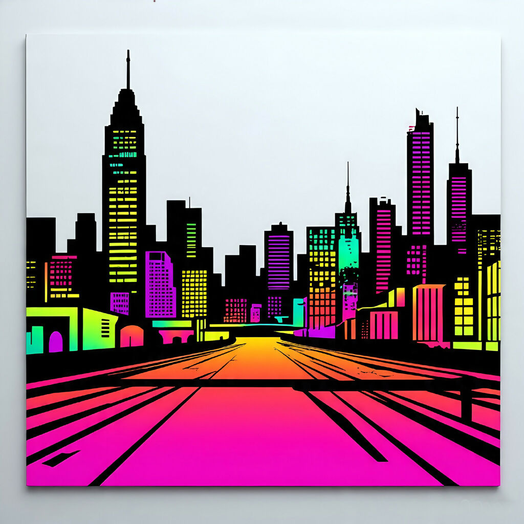Neon Skyline Cityscape Pop Art Print – Futuristic Urban Wall Decor