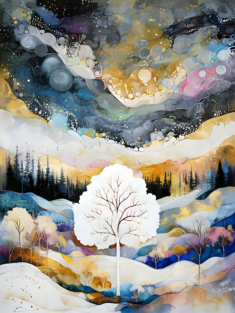 Stunning Abstract Cosmic Tree Digital Art Vibrant Surreal Landscape...