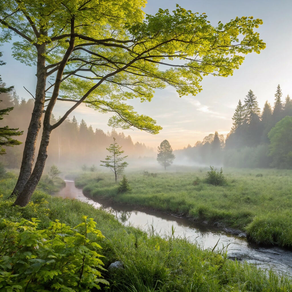 `landscape`, `nature`, `serene`, `meadow`, `stream`, `morning mist`...