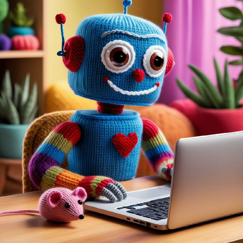 cartoon-style image of a knitted robot sitting at a desk