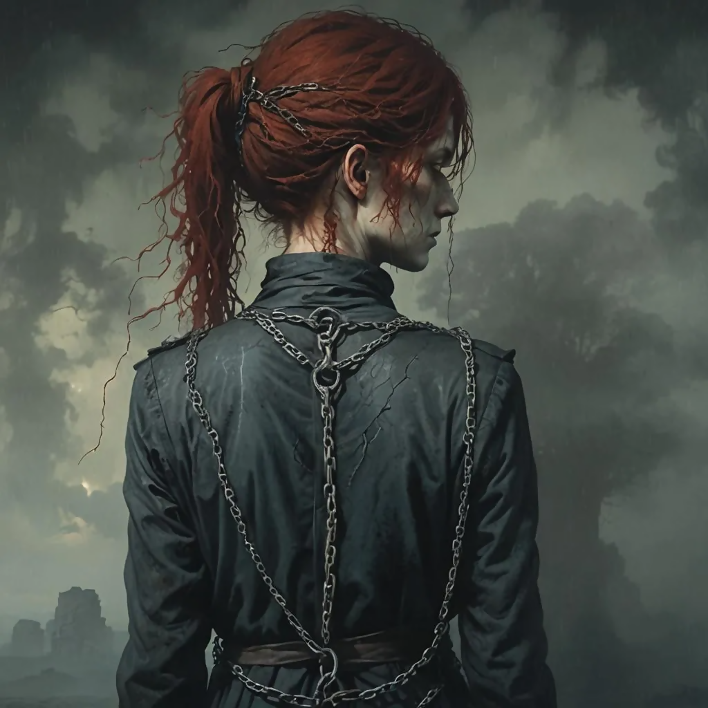 Forever Remembered, dark, fantasy, chains, somber, portrait