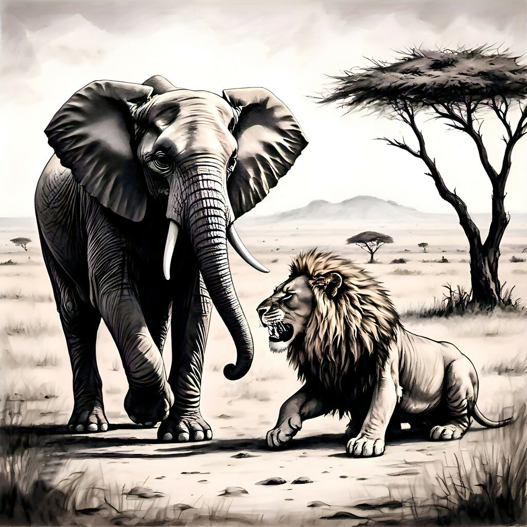 Majestic Encounter AI Art of Elephant and Lion in African Savanna