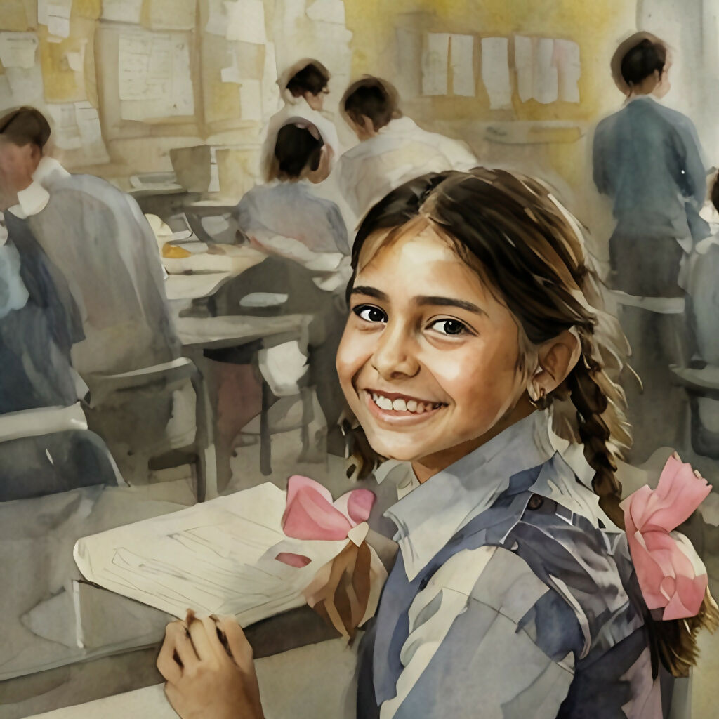 A girl student in classroom watercolor painting style
