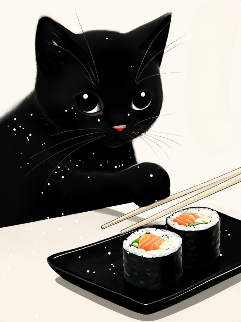 Black Cat Sushi, Charming Black Cat With Sushi Rolls And Calligraph...