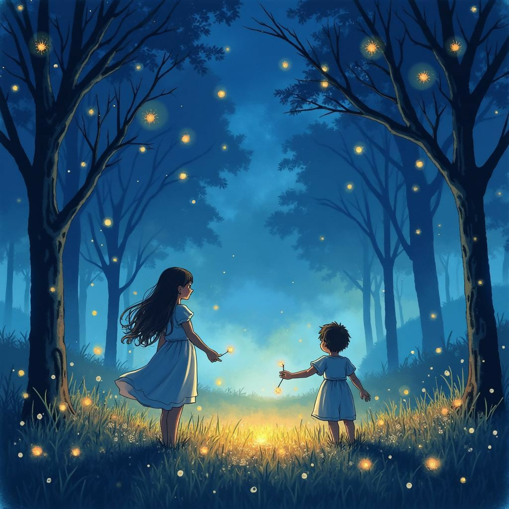 Magical Firefly Night | Dreamy Watercolor Rendering of Glowing Fire...
