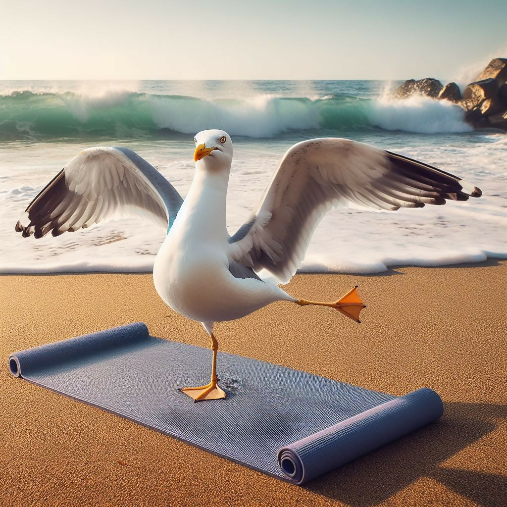 Seagull Doing Yoga on a Mat at the Beach