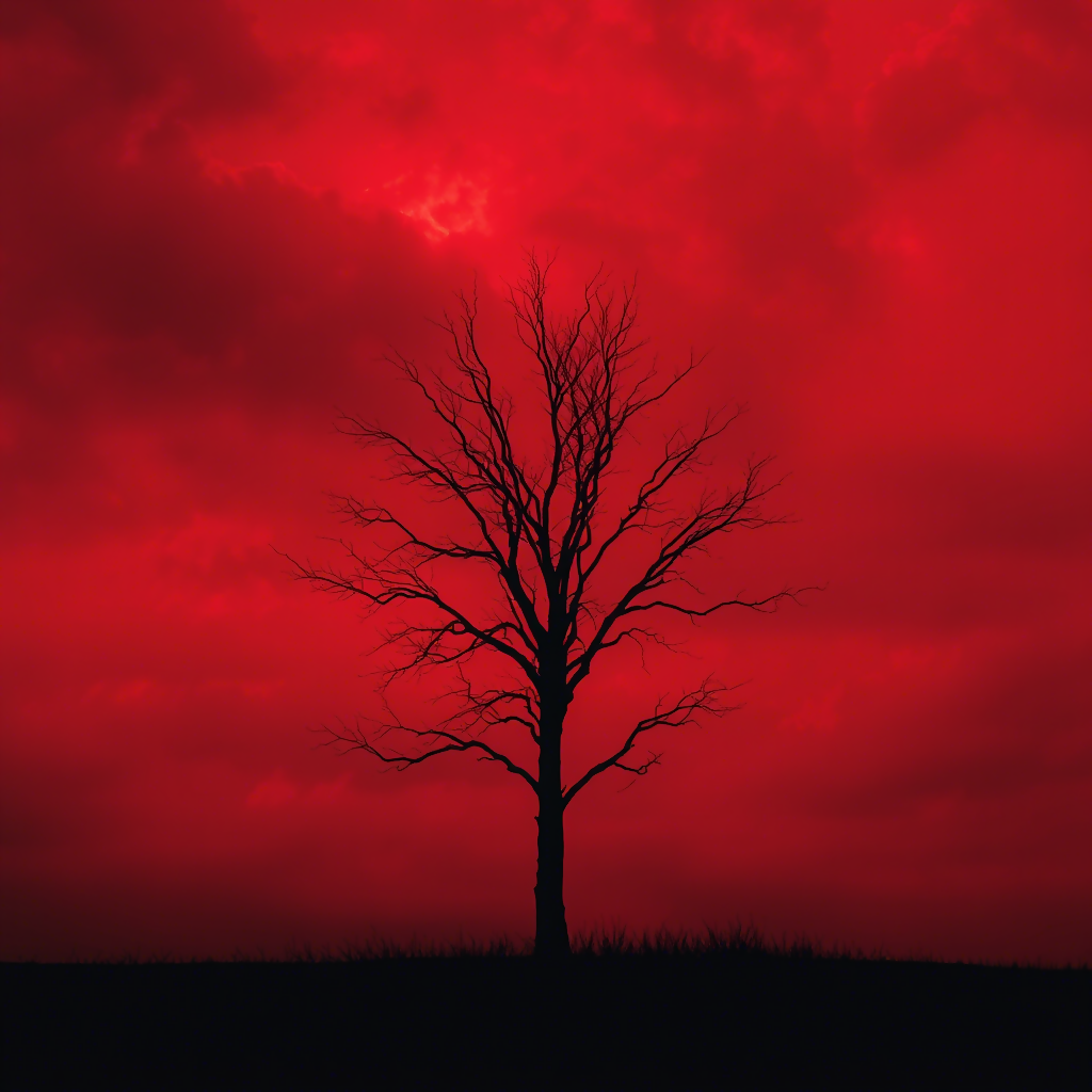 Eerie Horizon: A Silhouetted Tree Under Red Clouds
