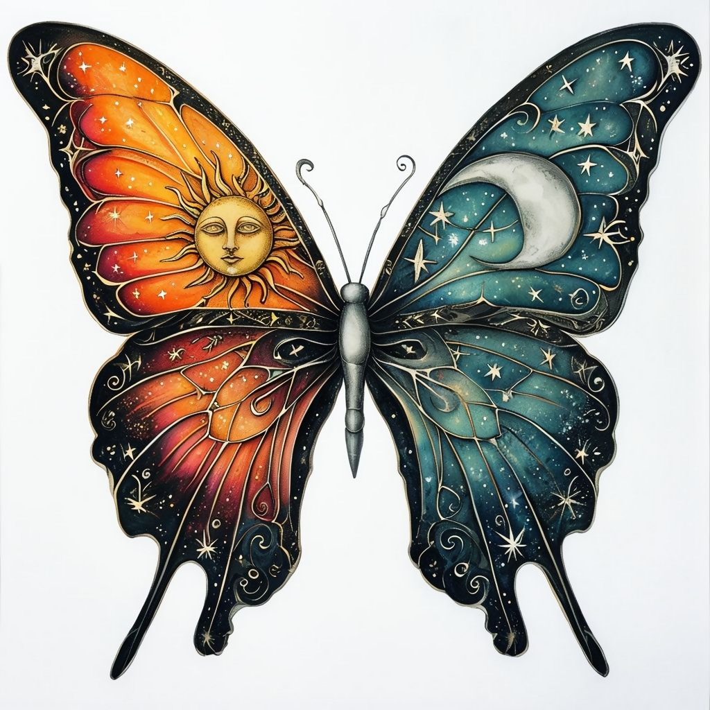 Celestial Butterfly Sun and Moon Symbolism in Day and Night Art, ce...