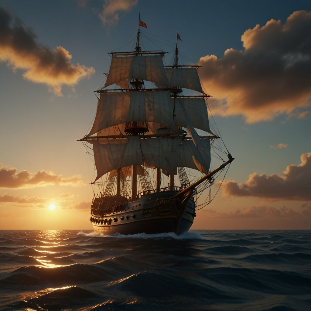 Photo of an ultra-realistic sailing ship, dramatic light, pale sunr...