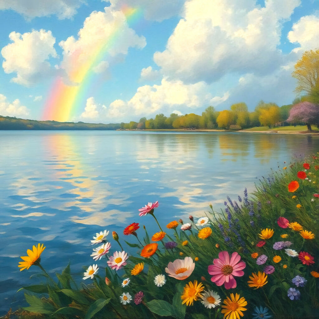 Impressionist Spring: Vibrant Flowers, Majestic Rainbow & Tranq...