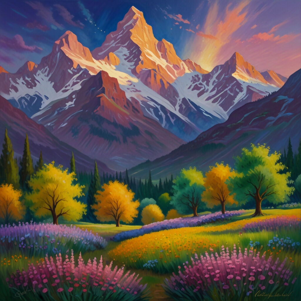 Stunning mountainscape painting in the blended styles