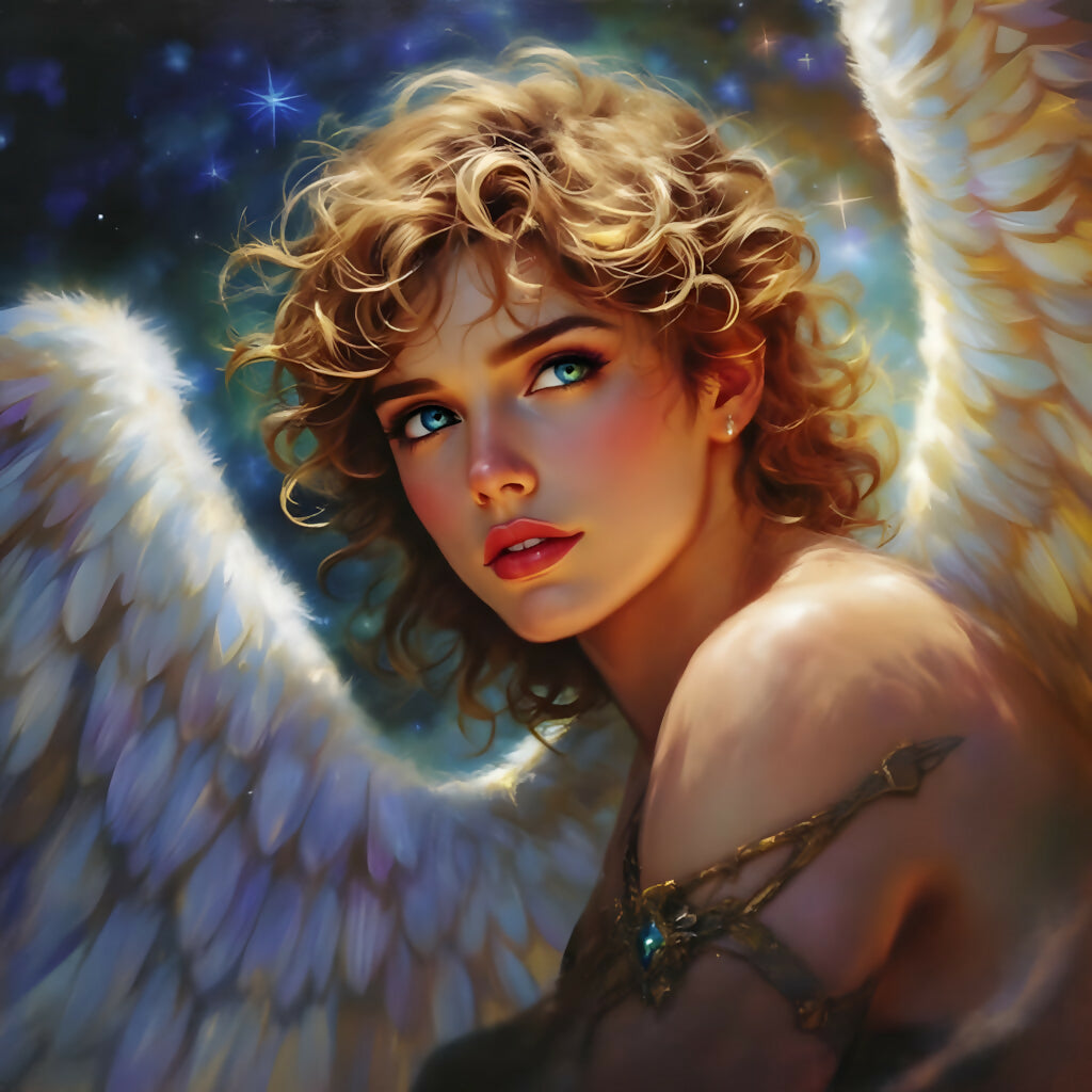 Celestial Guardian – Fantasy Angel with Curly Hair and Radiant Eyes
