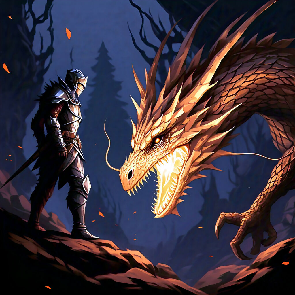 Twilight Duel Fantasy AI Art – Surreal Knight vs Dragon Scene for W...