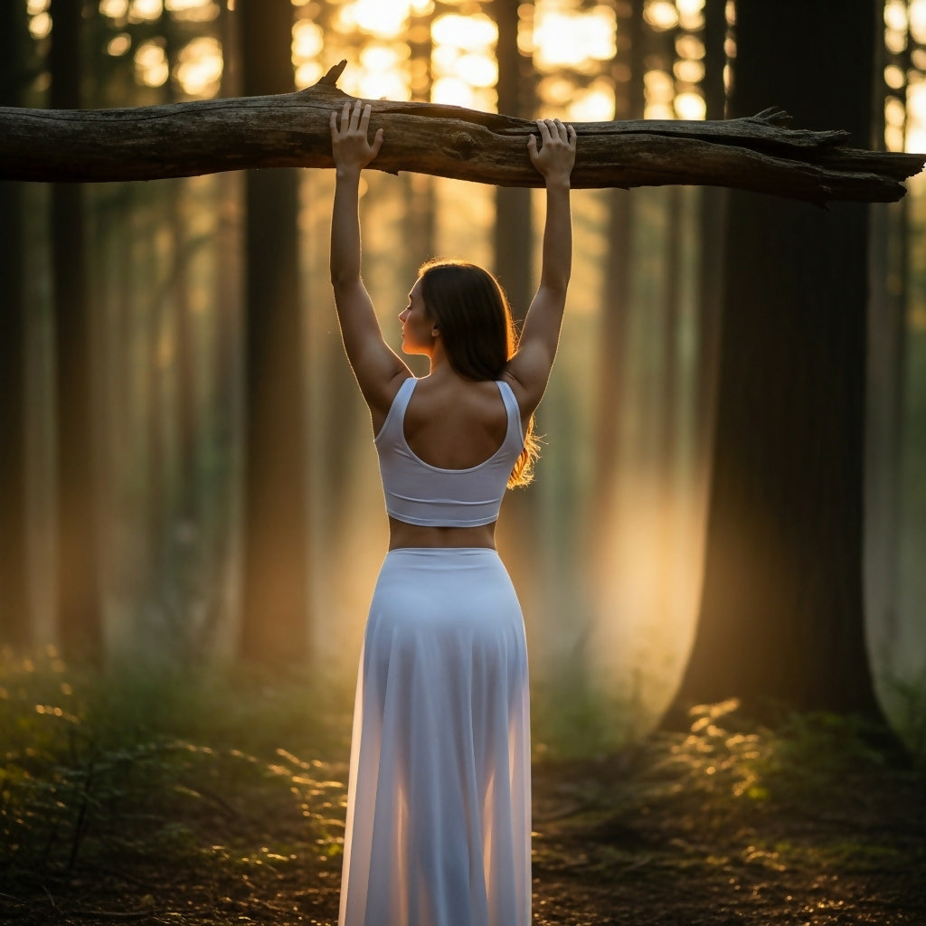 Woman in Forest Holding Branch at Golden Hour