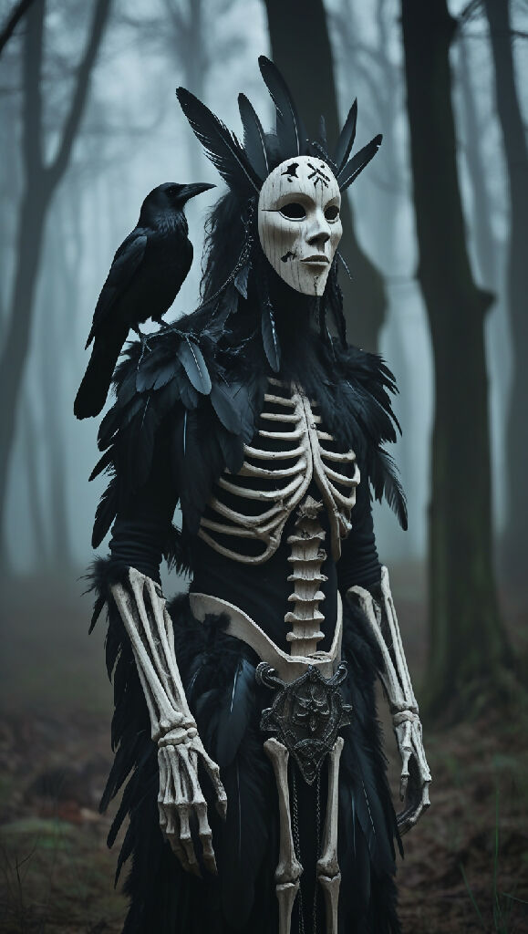 "a humanoid entity covered in black feathers and animal bones